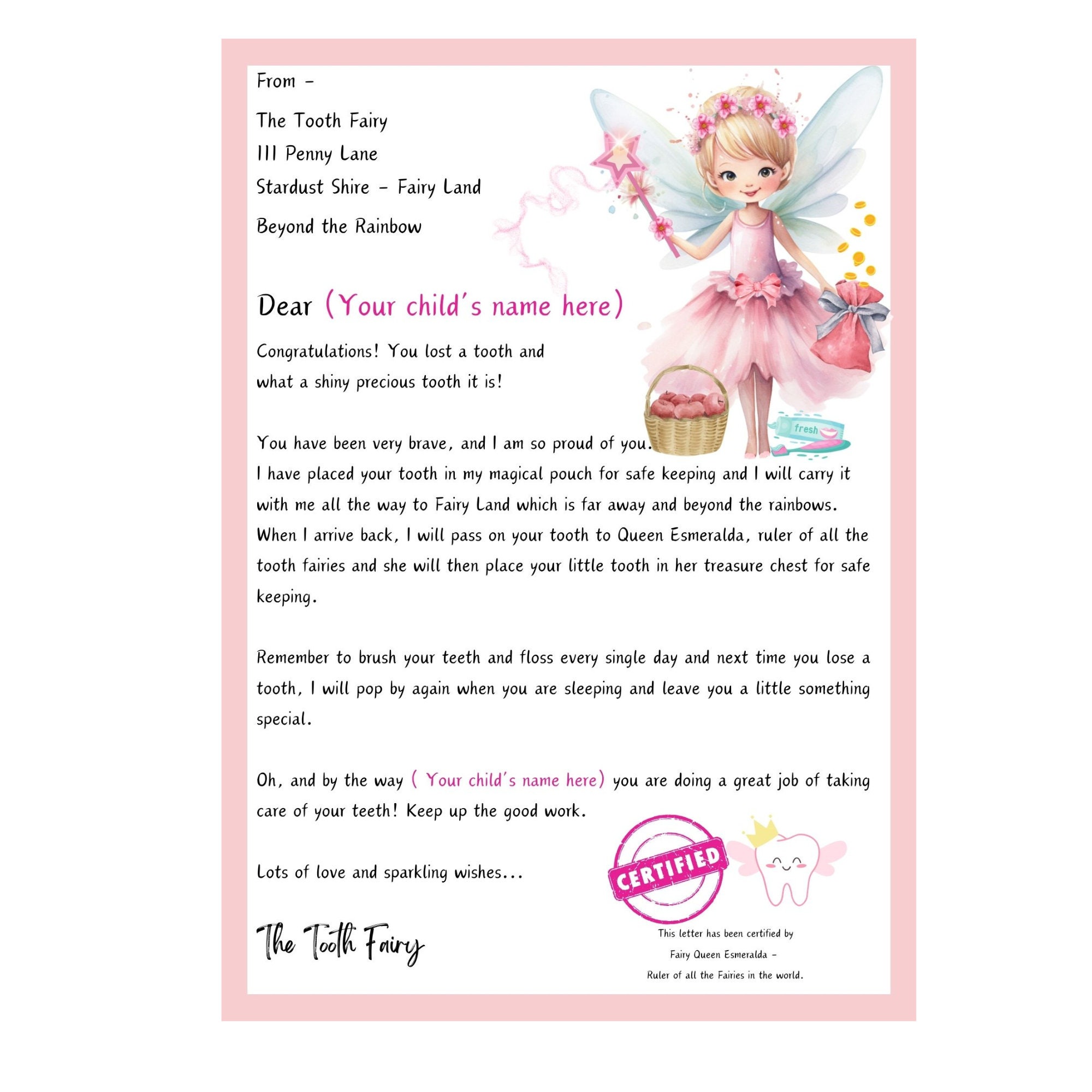 Tooth Fairy Letter PERSONALIZED, Printable Digital Download, Tooth ...