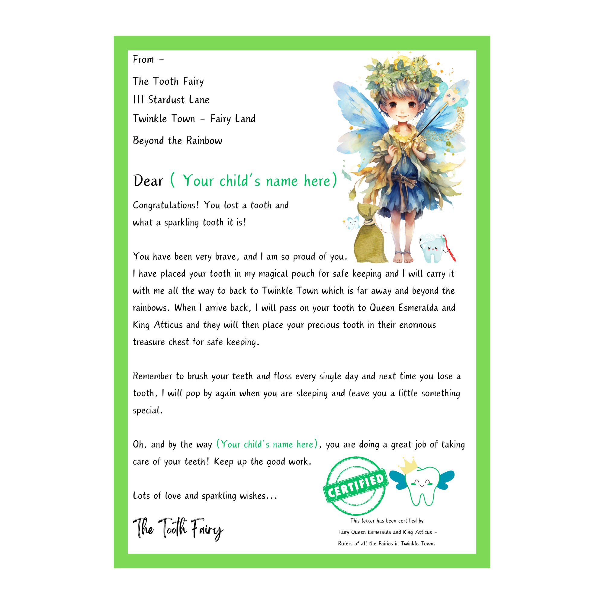 Tooth Fairy Letter PERSONALIZED, Printable Digital Download, Tooth ...