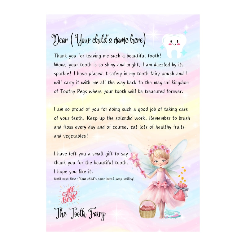 Personalized Tooth Fairy Letter: Keepsake Note (digital Download A4 ...