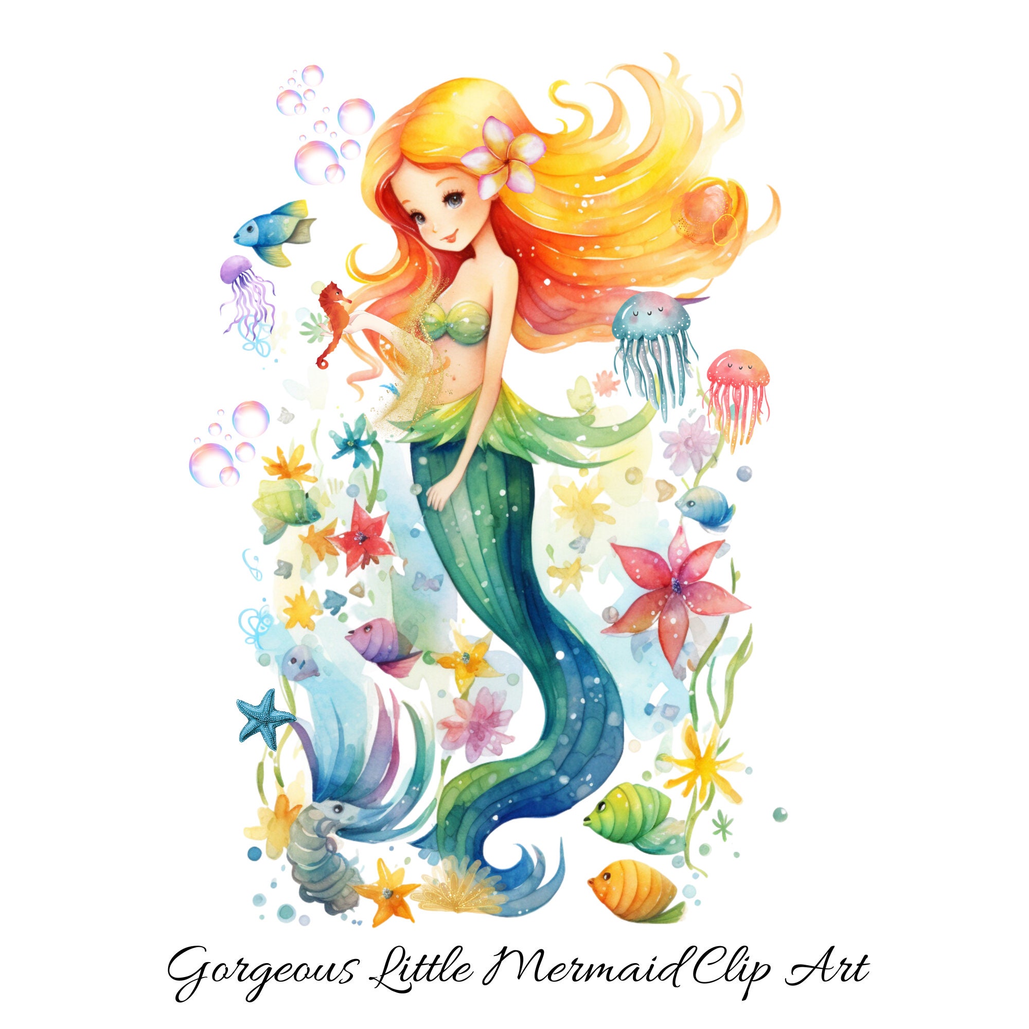 Cute Mermaid Clipart, Mermaid Digital Download, Mermaid PNG, Under the ...