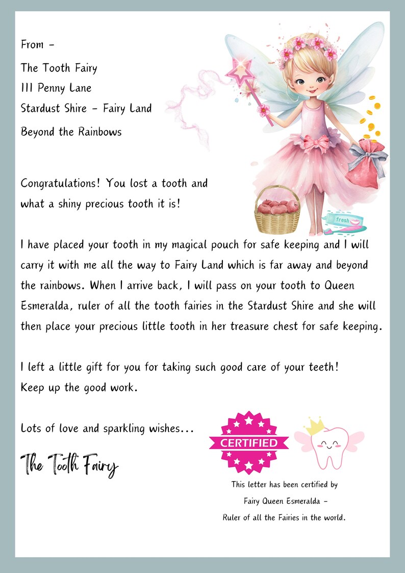 Tooth Fairy Letter: Printable Note From the Tooth Fairy (digital ...