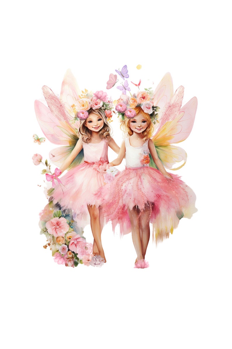 Two Beautiful Fairies, Magical Watercolor Clipart, Fairy Tale Garden ...