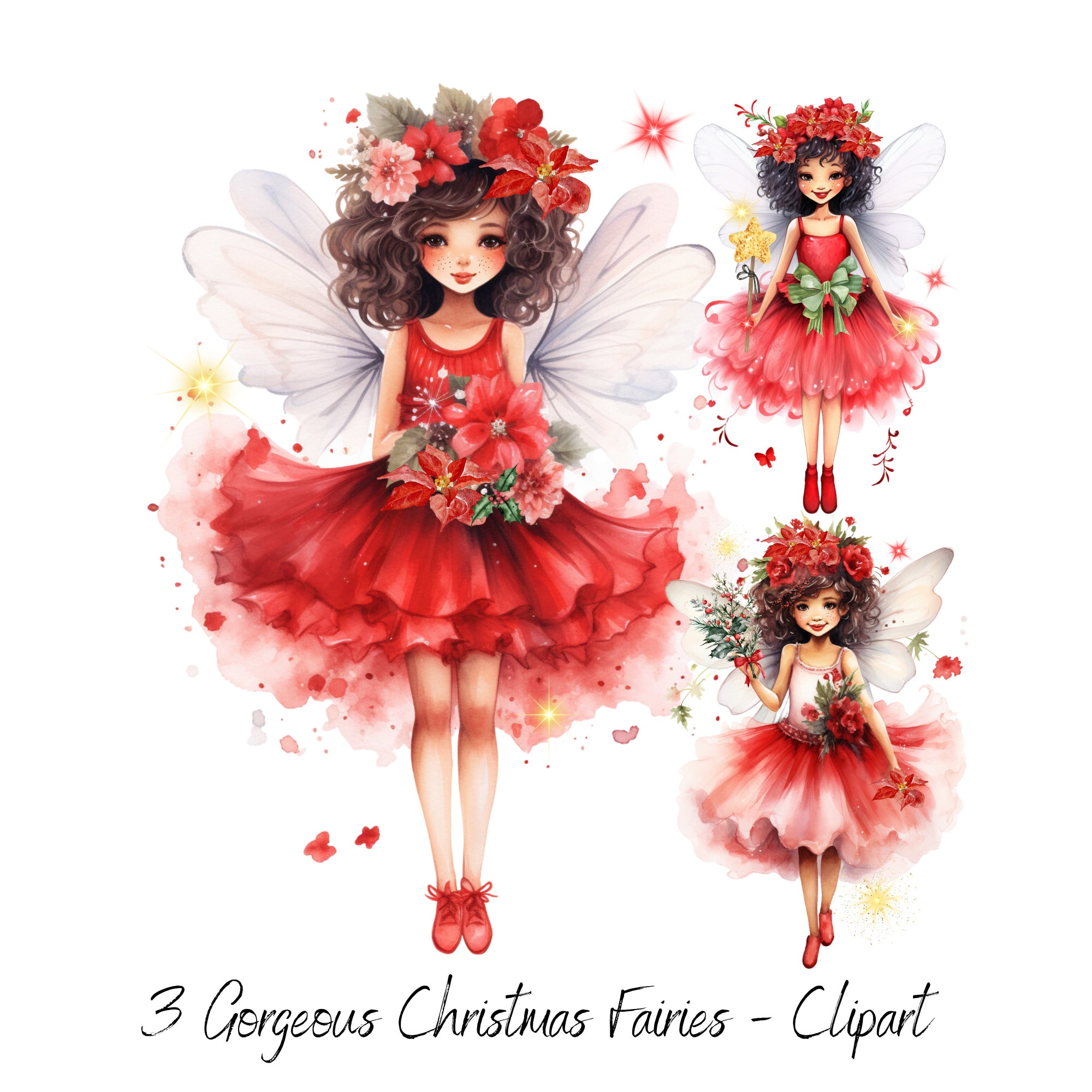 Christmas Fairy PNG Bundle, 3 Beautiful Holiday Fairies, Transparent ...