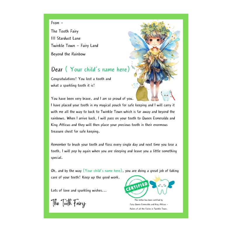 Tooth Fairy Letter PERSONALIZED, Printable Digital Download, Tooth ...