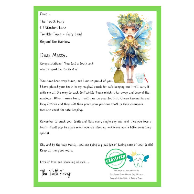 Tooth Fairy Letter PERSONALIZED, Printable Digital Download, Tooth ...