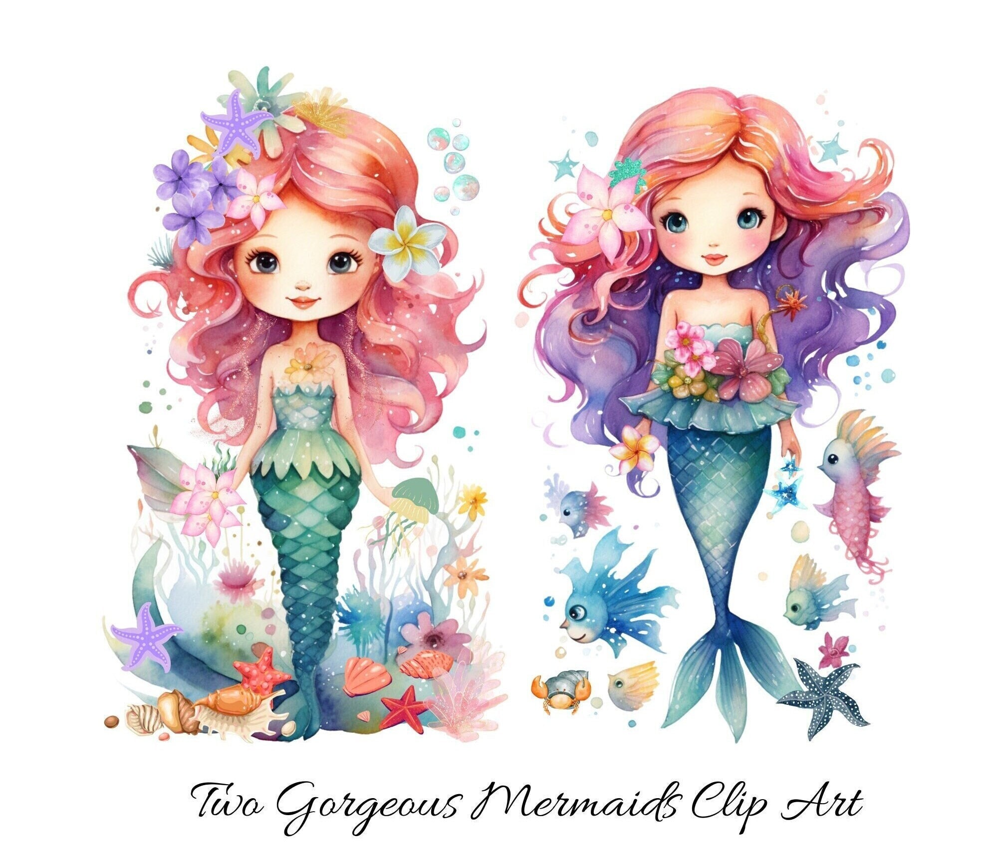 Cute Mermaid Clipart, Mermaid Digital Download, Mermaid PNG, Under the ...