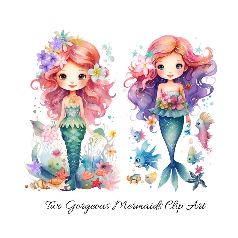 Cute Mermaid Clipart, Mermaid Digital Download, Mermaid PNG, Under the ...