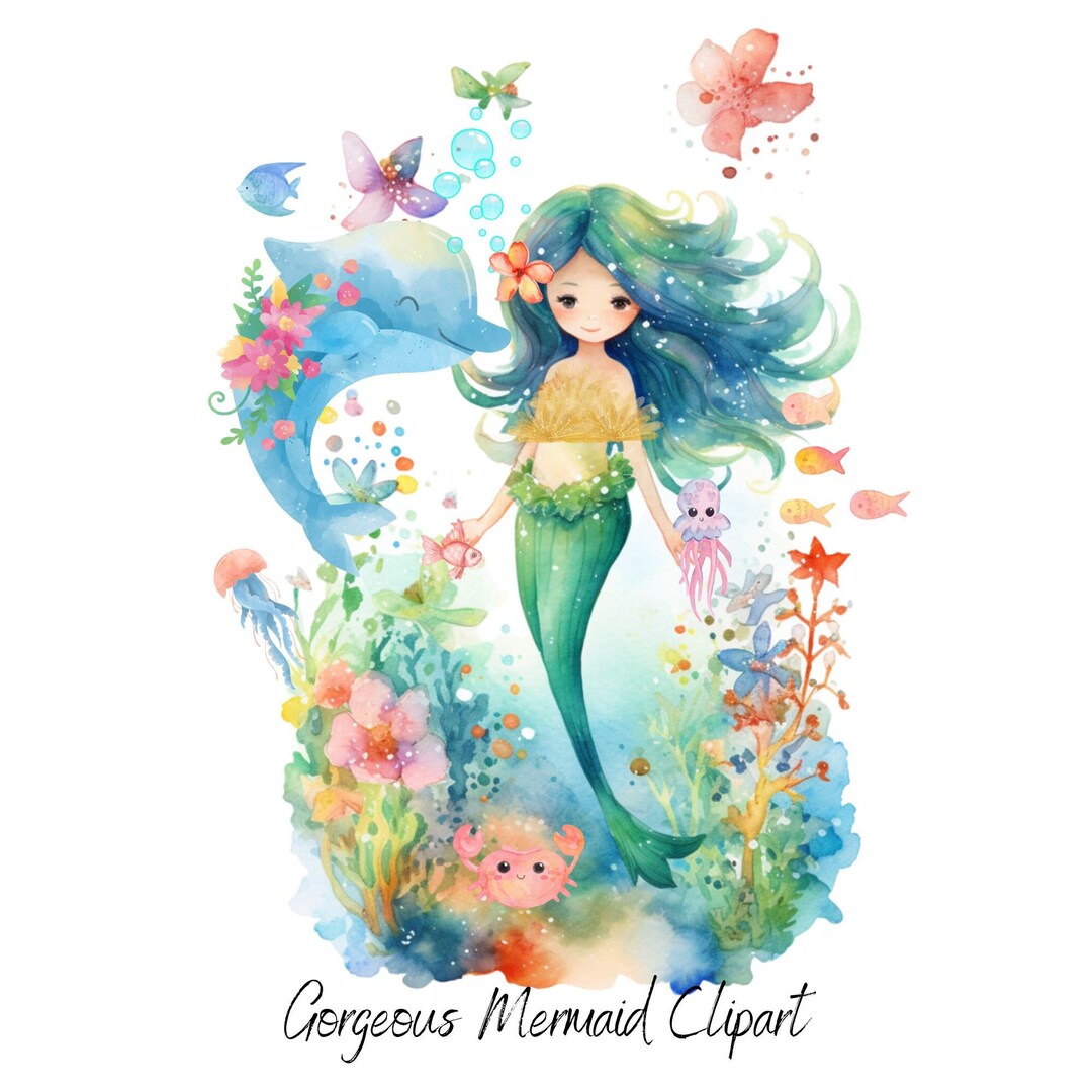 Cute Mermaid and Dolphin Clipart, Mermaid Digital Download, Mermaid PNG ...
