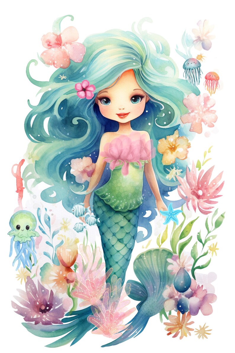 Cute Mermaid Clipart, Mermaid Digital Download, Mermaid PNG, Under the ...