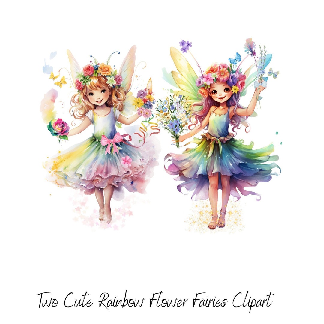 Cute Rainbow Fairies, Magical Watercolor Clipart, Fairy Tale Garden ...