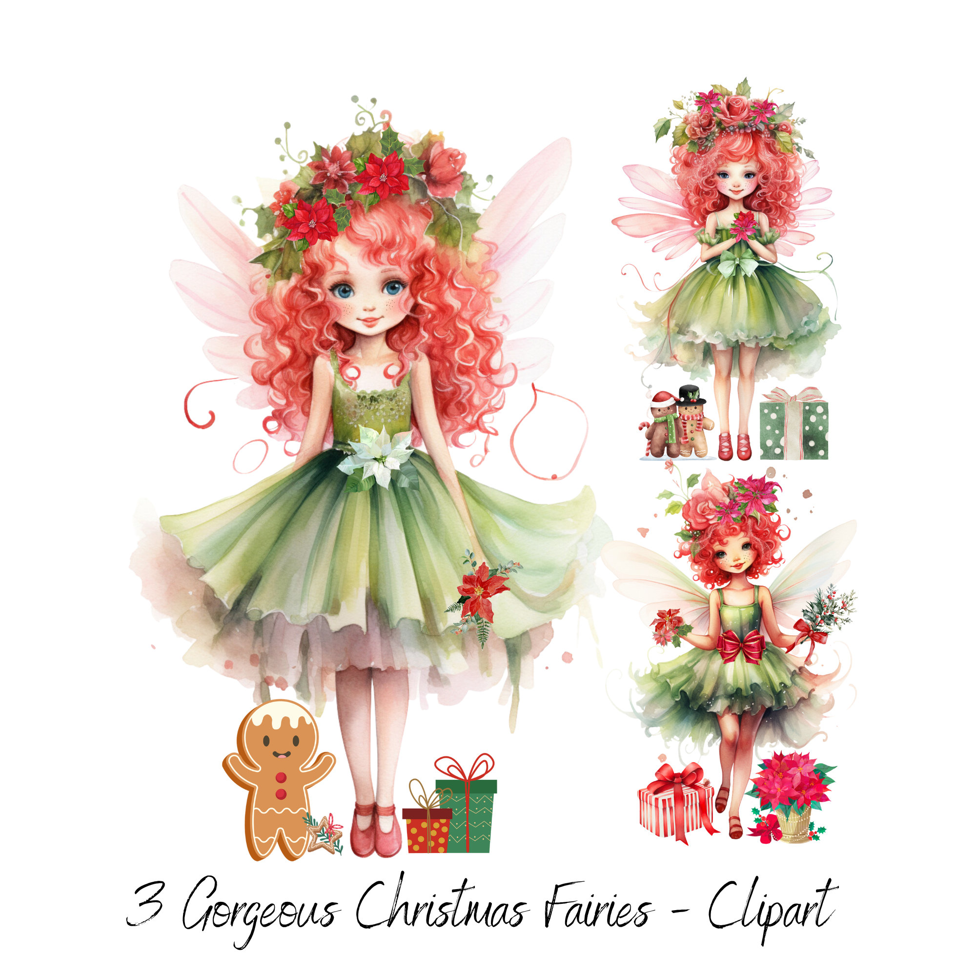 Christmas Fairy PNG Bundle, 3 Beautiful Holiday Fairies, Transparent ...