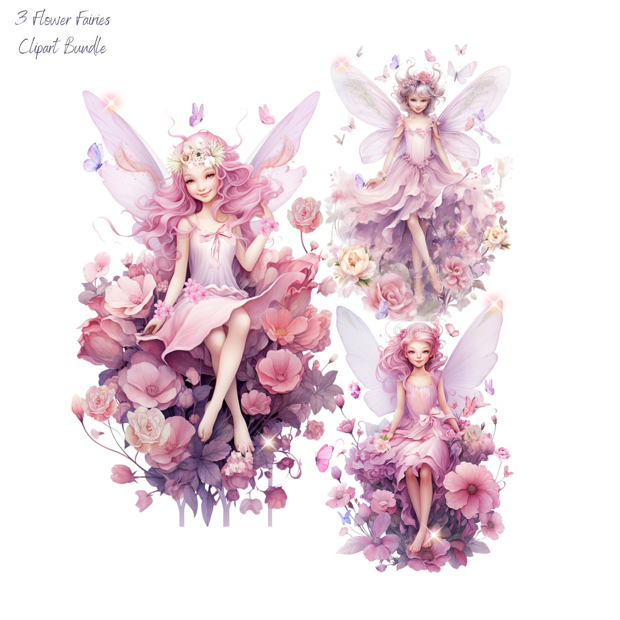 Cute Magical Fairy Clipart, Bundle of 3 Fairies, Clipart, Watercolor ...