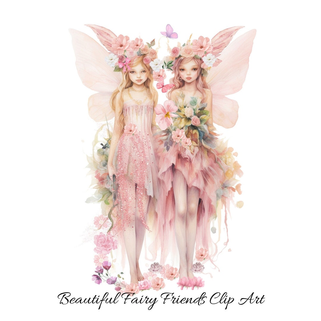 Two Beautiful Fairies, Magical Watercolor Clipart, Fairy Tale Garden ...