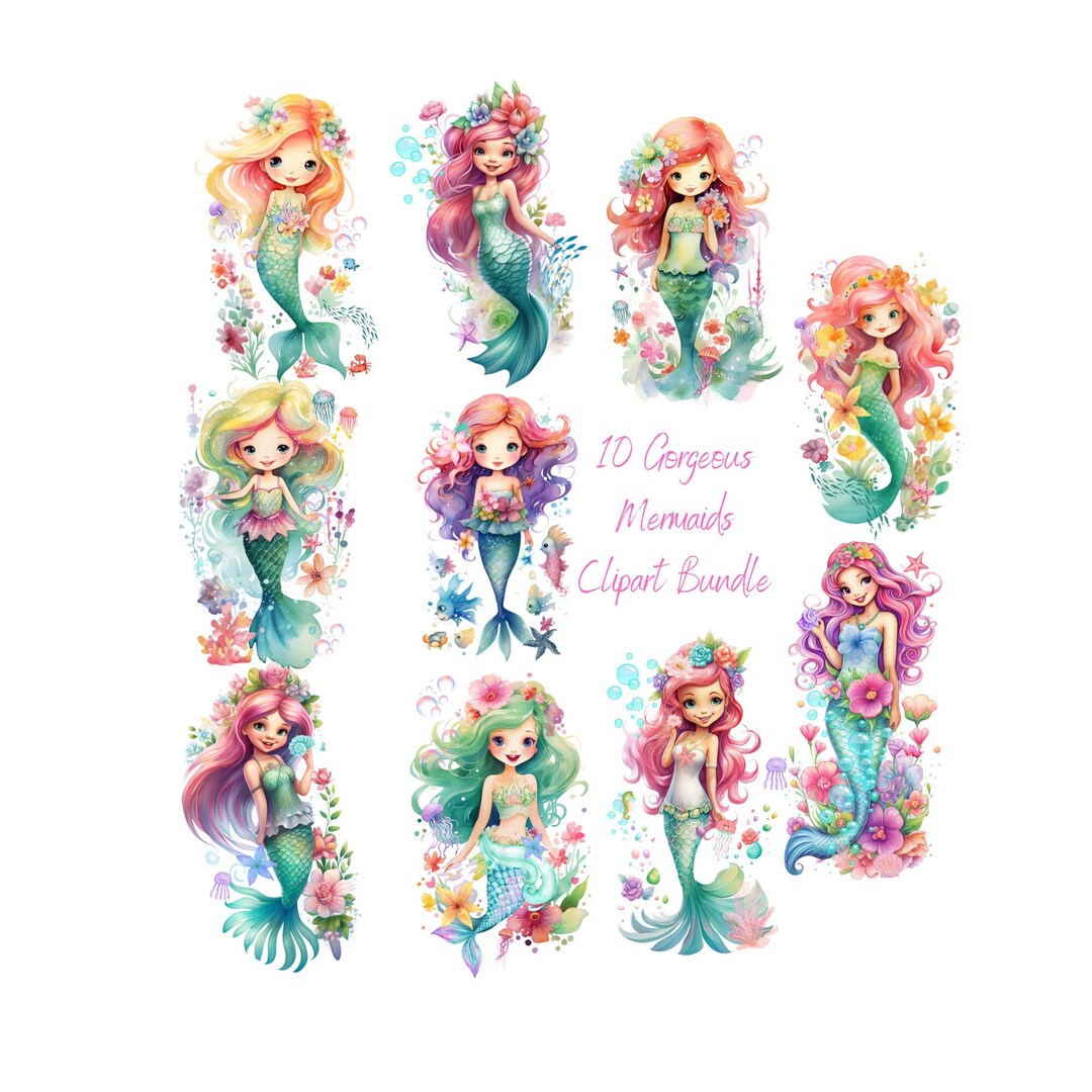 Clipart Bundle of Ten Little Mermaids, Mermaid Clip Art, Mermaid ...