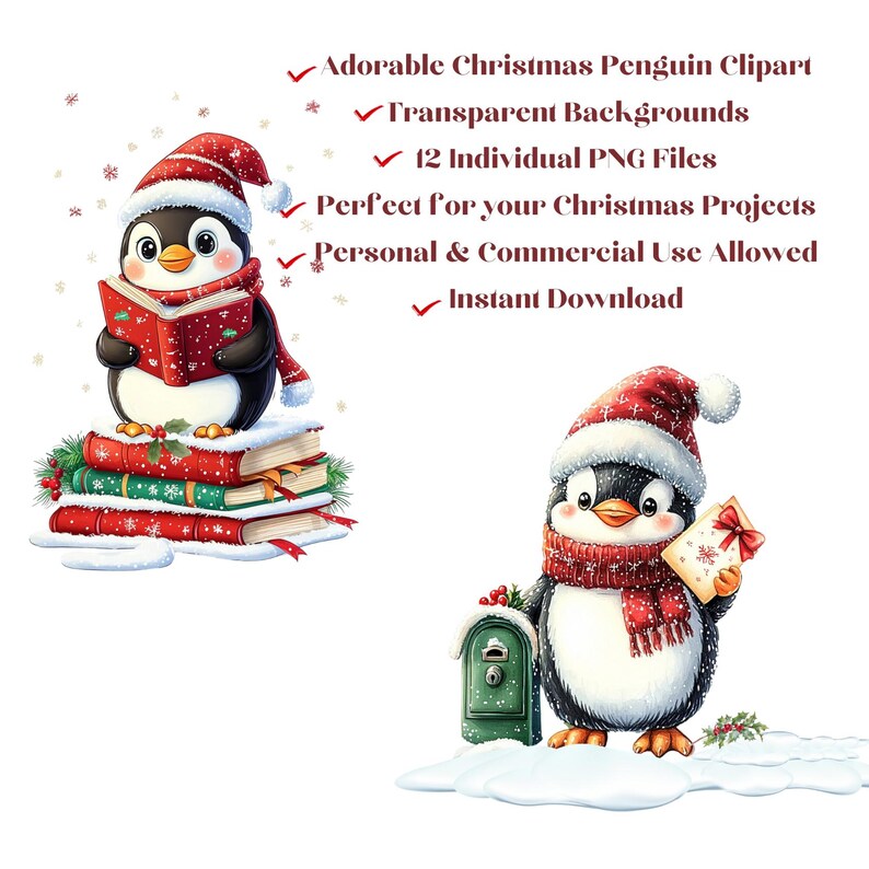12 Winter Penguin Clipart PNG Files, Christmas Penguin Clipart, Cute ...