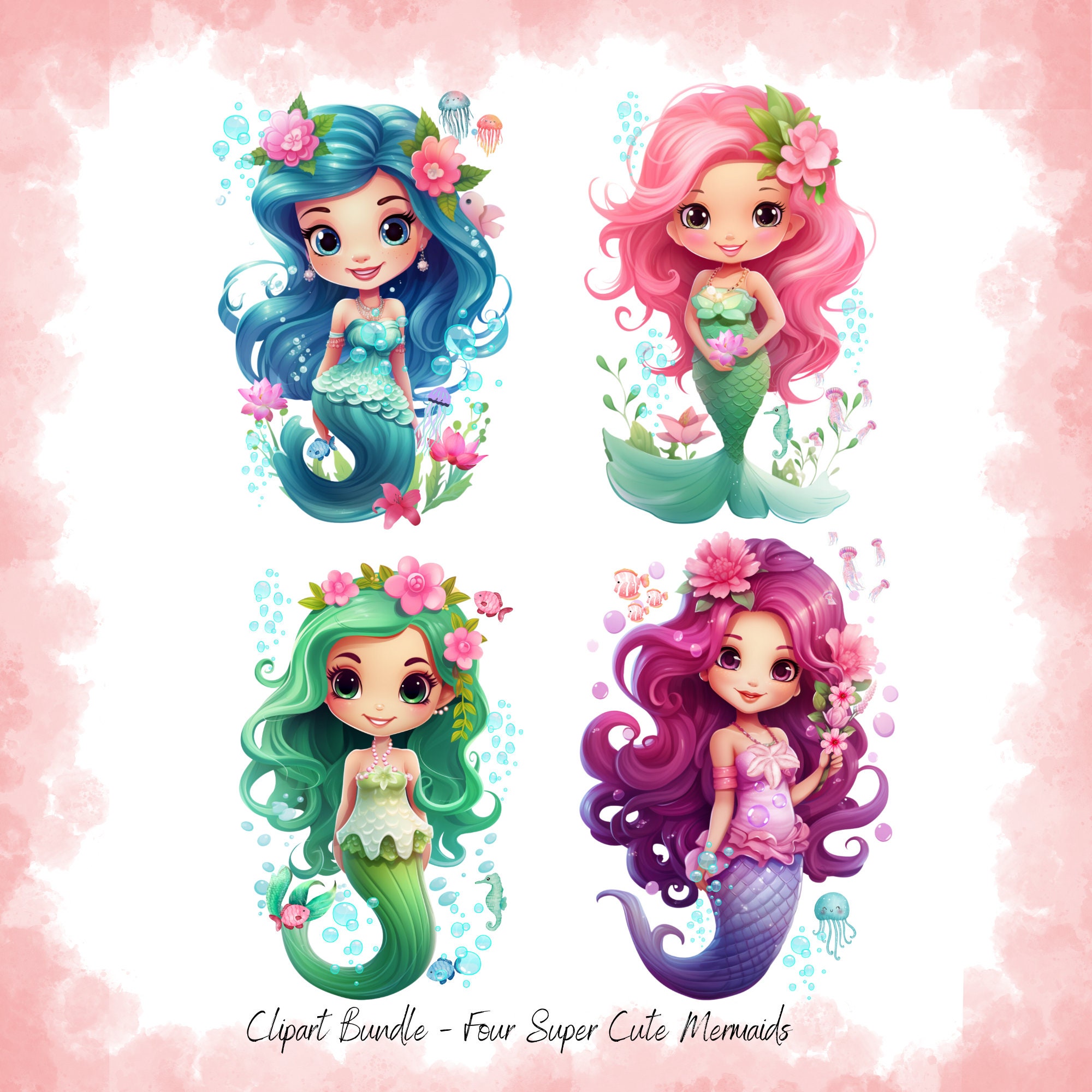 Cute Mermaid Clipart, Bundle of 4, Mermaid Digital Download, Mermaid ...