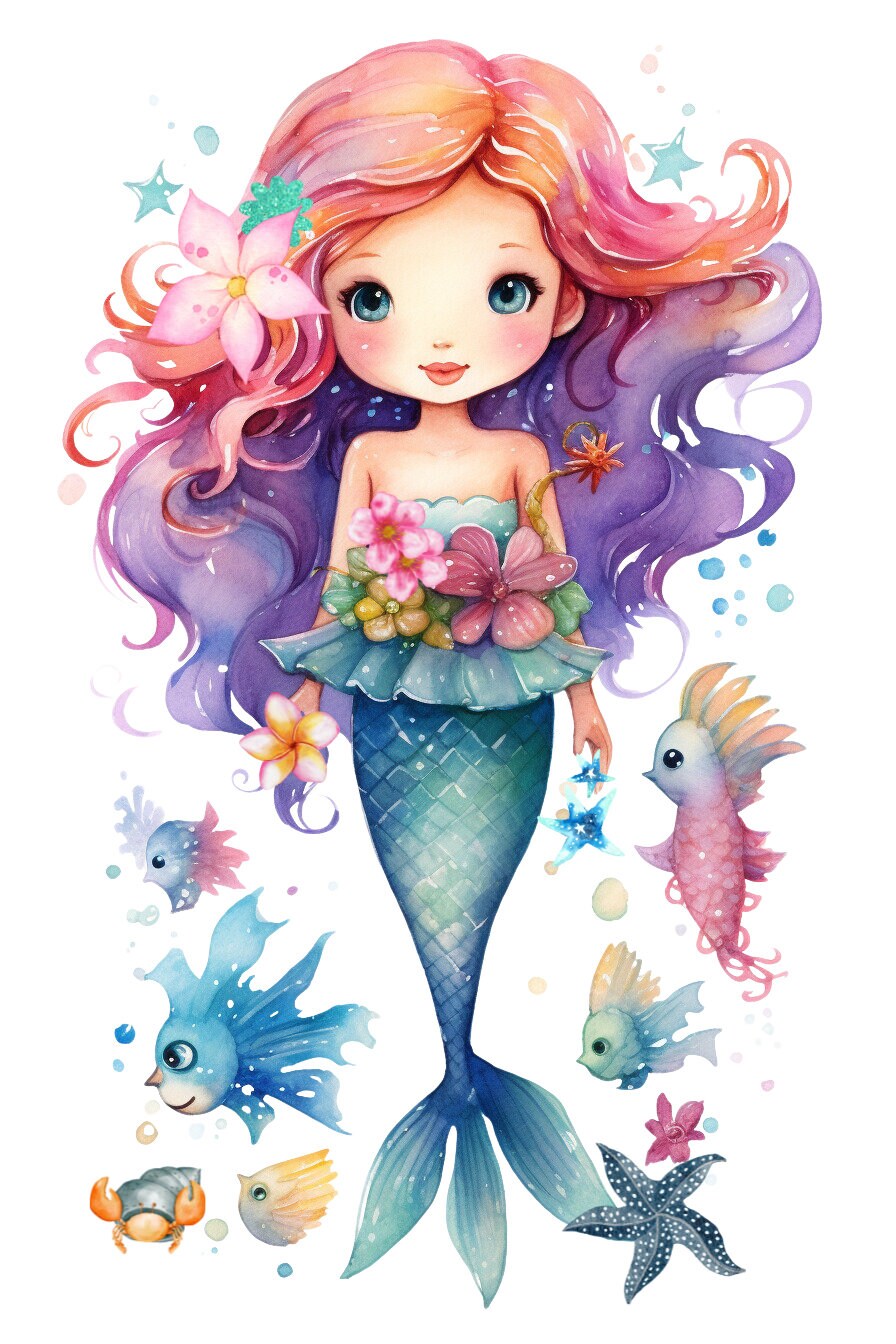 Cute Mermaid Clipart, Mermaid Digital Download, Mermaid PNG, Under the ...