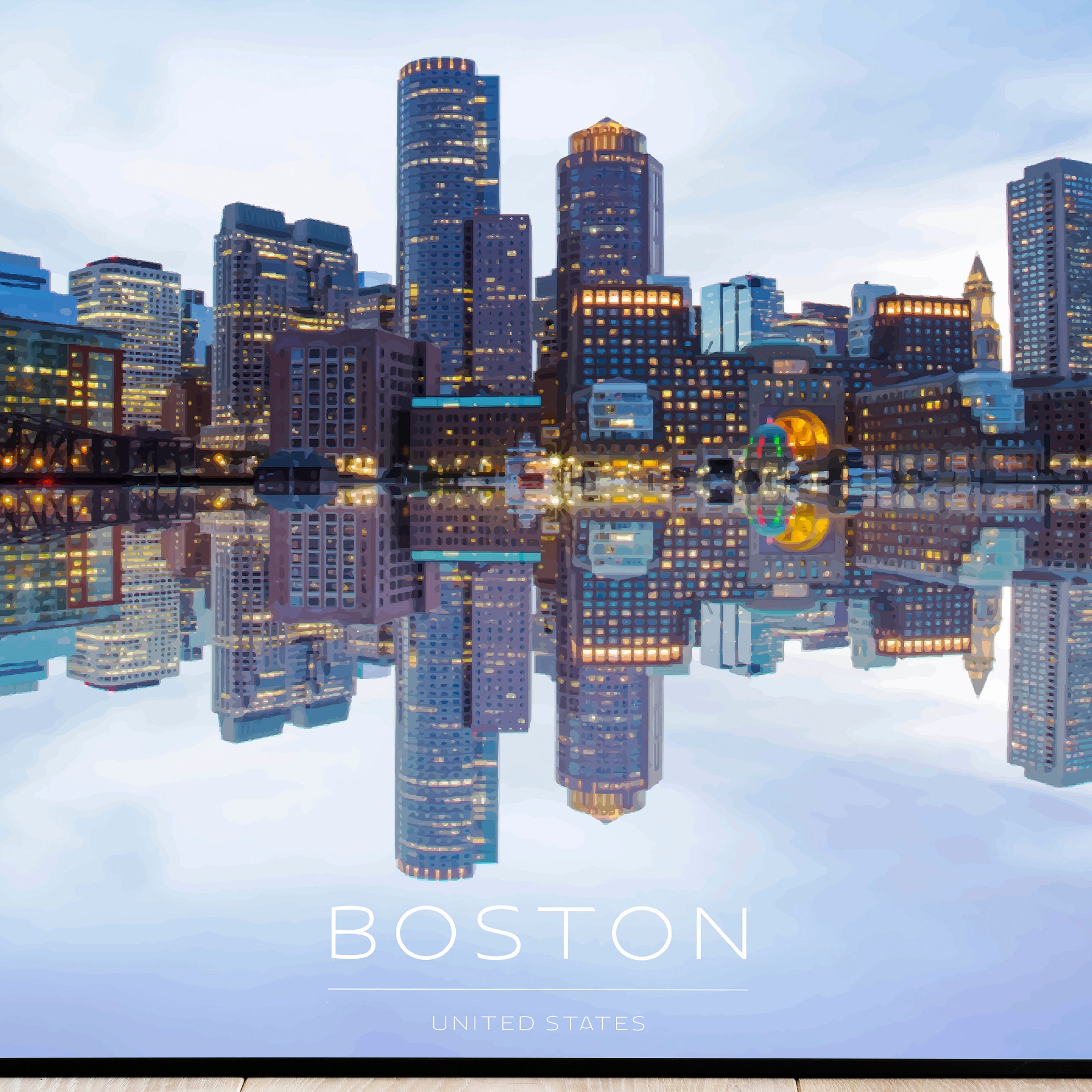 Boston Skyline From Downtown Harborwalk at Night United States Vector ...