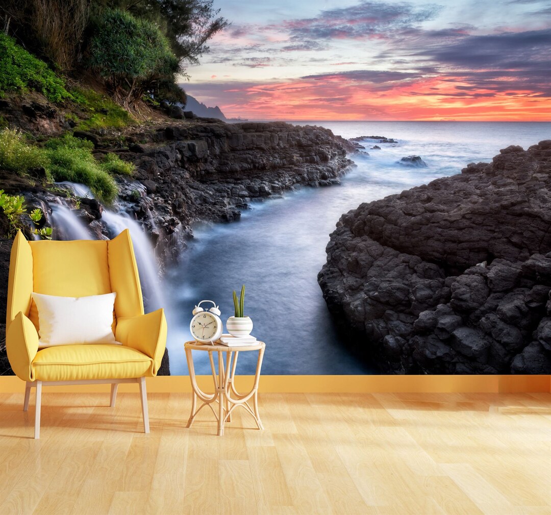 Waterfall Sunset Near Queen Bath Kauai Hawaii Gift, Art Print ...