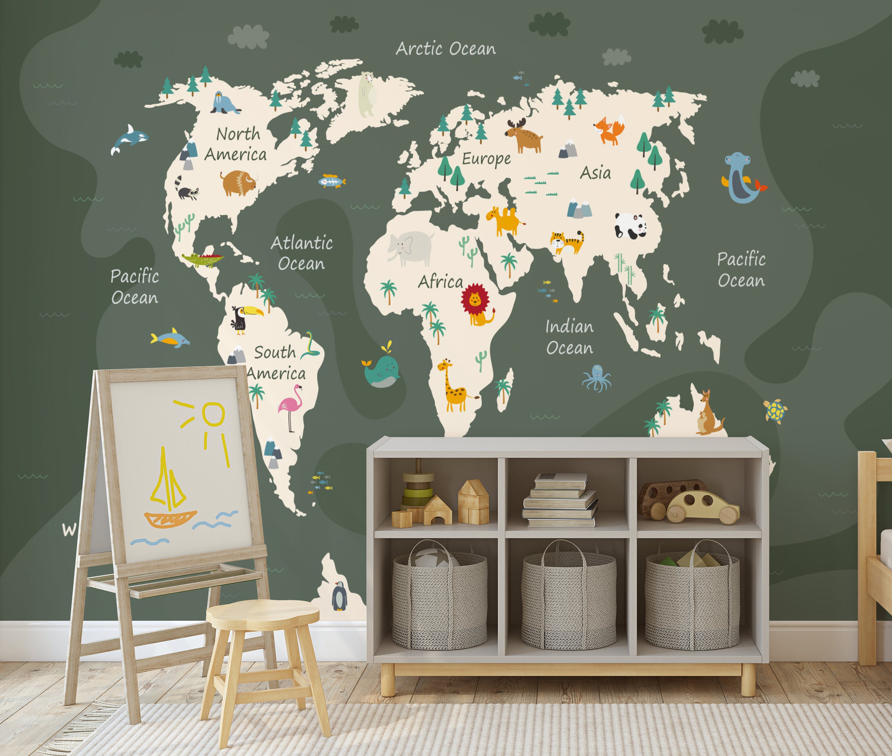 Kids Baby Room World Map Oceans Art Print Photomural Wallpaper - Etsy