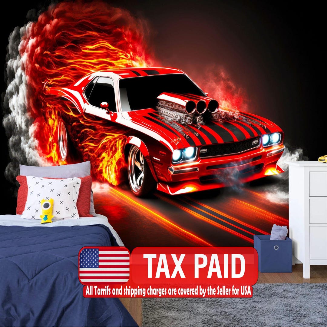 Red Racing Car Mural, Motorsports Art Print, Peel and Stick Wallpaper ...
