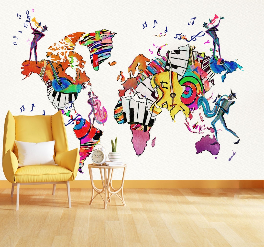 World Map of Music Watercolor Concept Gift, Art Print Photomural ...