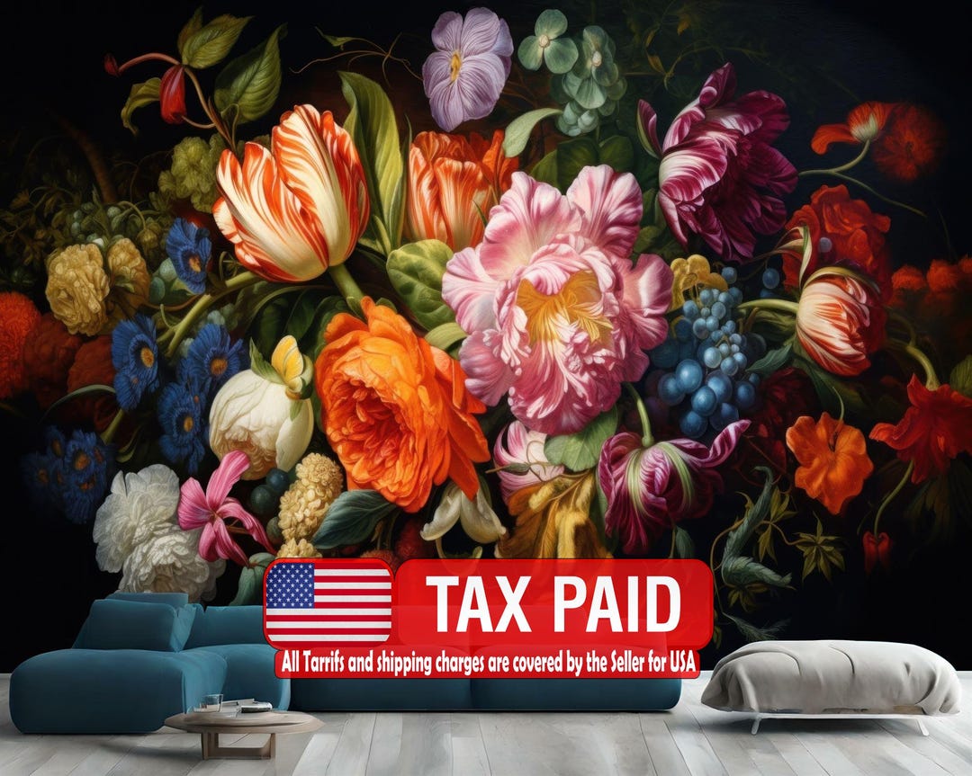 Baroque Peonies Wallpaper Mural, Rich Deep Colors, Art Print, Easy ...