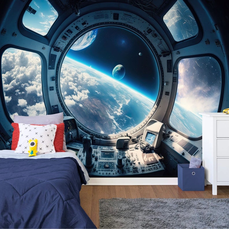 Wallpaper, 3D Spaceship Window Earth View, Peel and Stick Wall Mural - Etsy