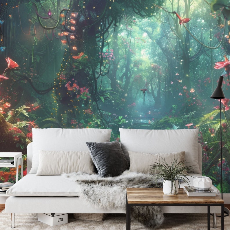 Enchanted Forest Wallpaper Mural, Glowing Flowers, Easy Install Peel ...