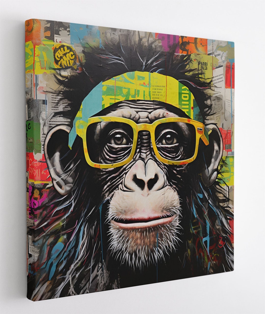 Vintage Ape Graffiti on Newspaper Grunge Square Colorful Natural Canvas ...
