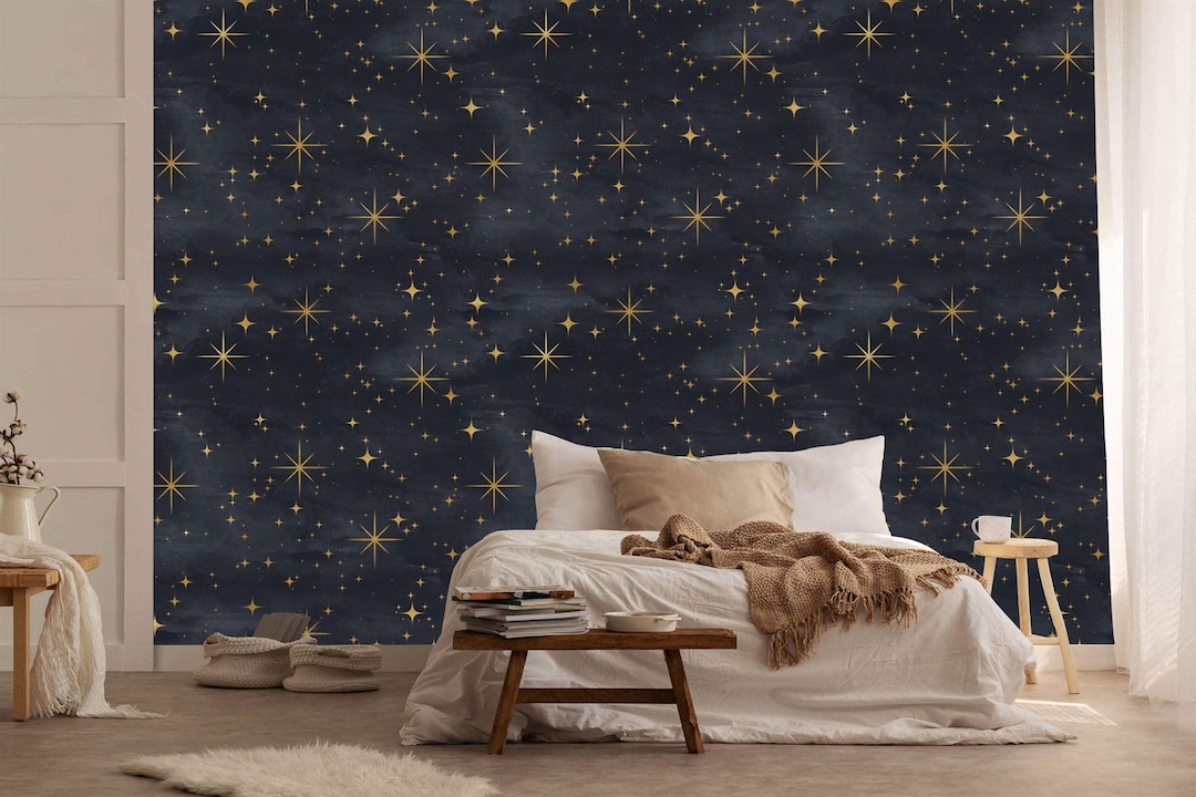 Starry Night Shining Stars Black and Gold Gift, Art Print Photomural ...