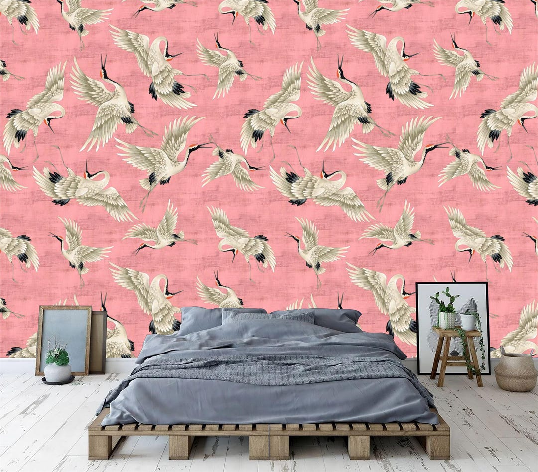 Pink Cycle Stork Chinoiserie Crane Birds Heron Wall Gift, Art Print ...