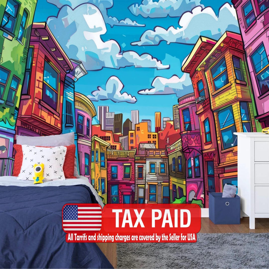 Cartoon Cityscape Wallpaper Mural, Kids Room Decor, Peel and Stick - Etsy