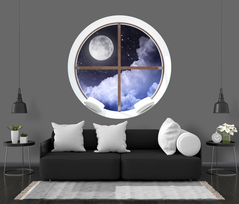 3D Window View Night Sky Moon Circle Poster Photomural Wall - Etsy