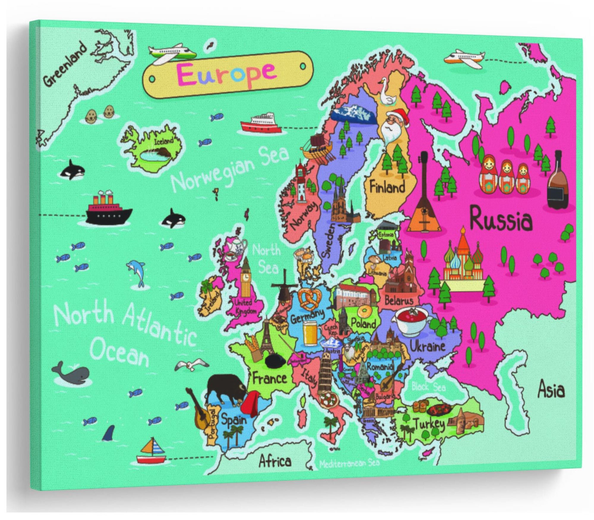 Colorful Europe Kids Map Illustration Educational Cartoon - Etsy
