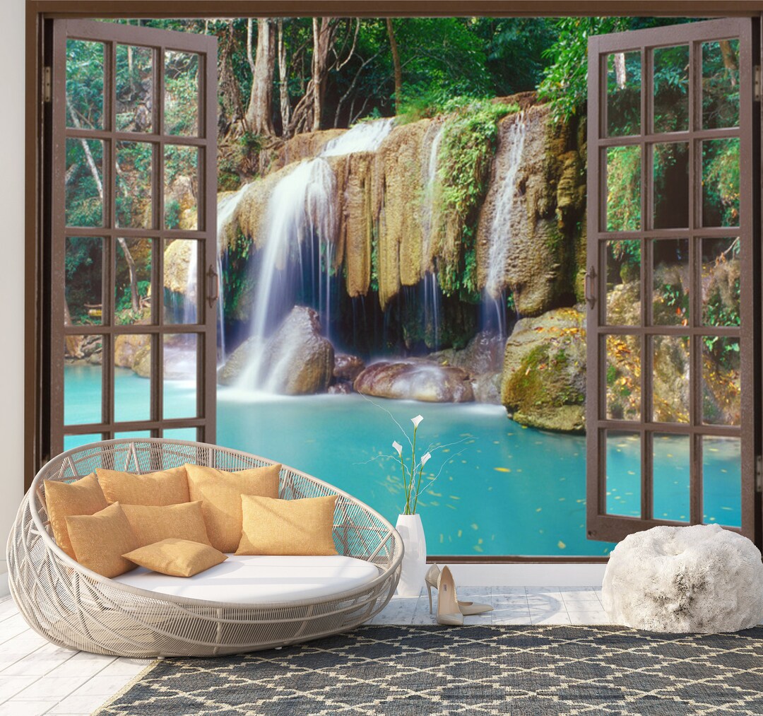 Open Window Jungle Waterfall Art Print Photomural Wallpaper Mural Easy ...