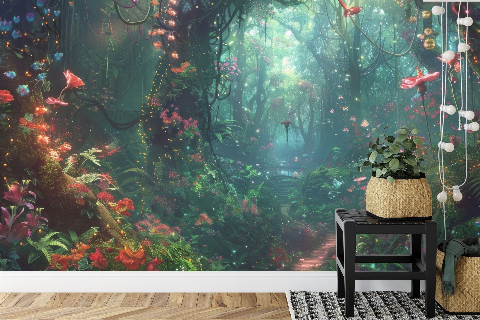 Enchanted Forest Wallpaper Mural, Glowing Flowers, Easy Install Peel ...