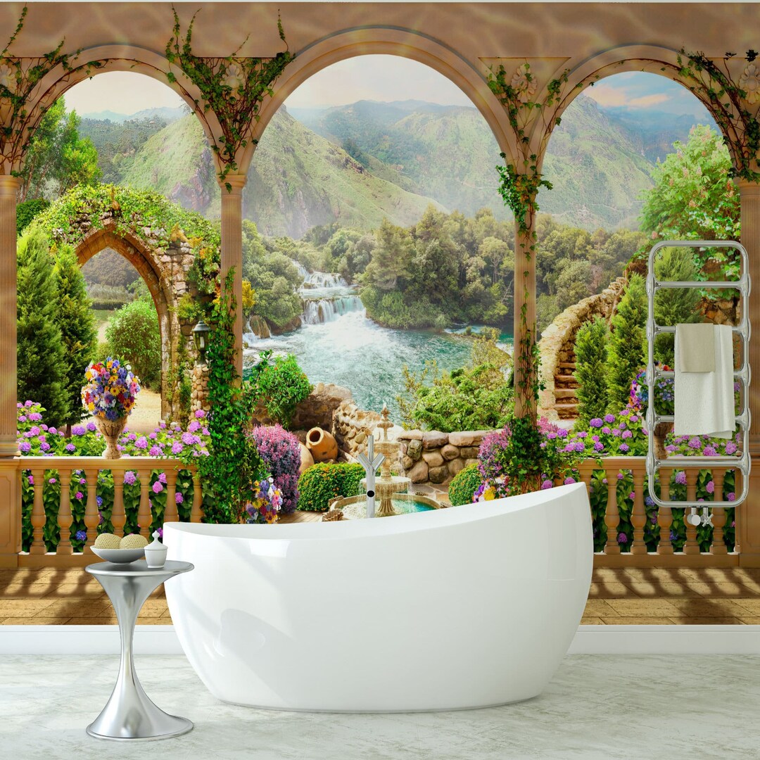 3D Lake Mountains Waterfalls View Art Print Photomural Wallpaper Mural ...