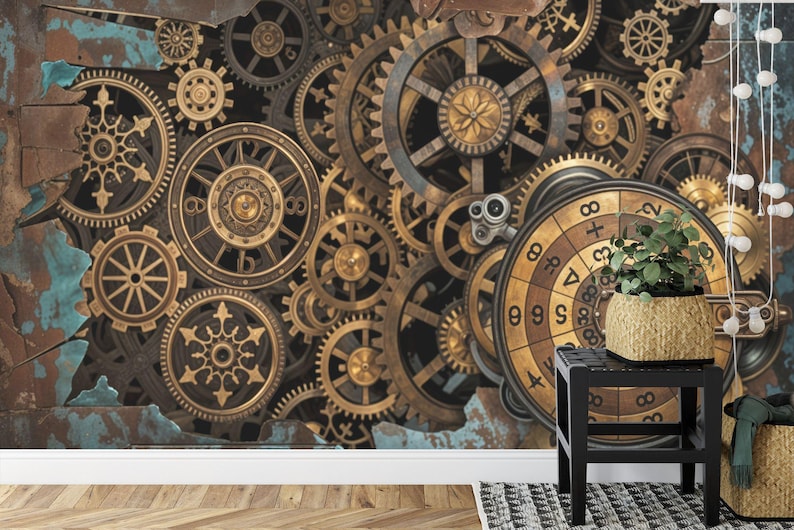 Steampunk Gear Wallpaper Mural, Retro Industrial Wall Decal - Etsy