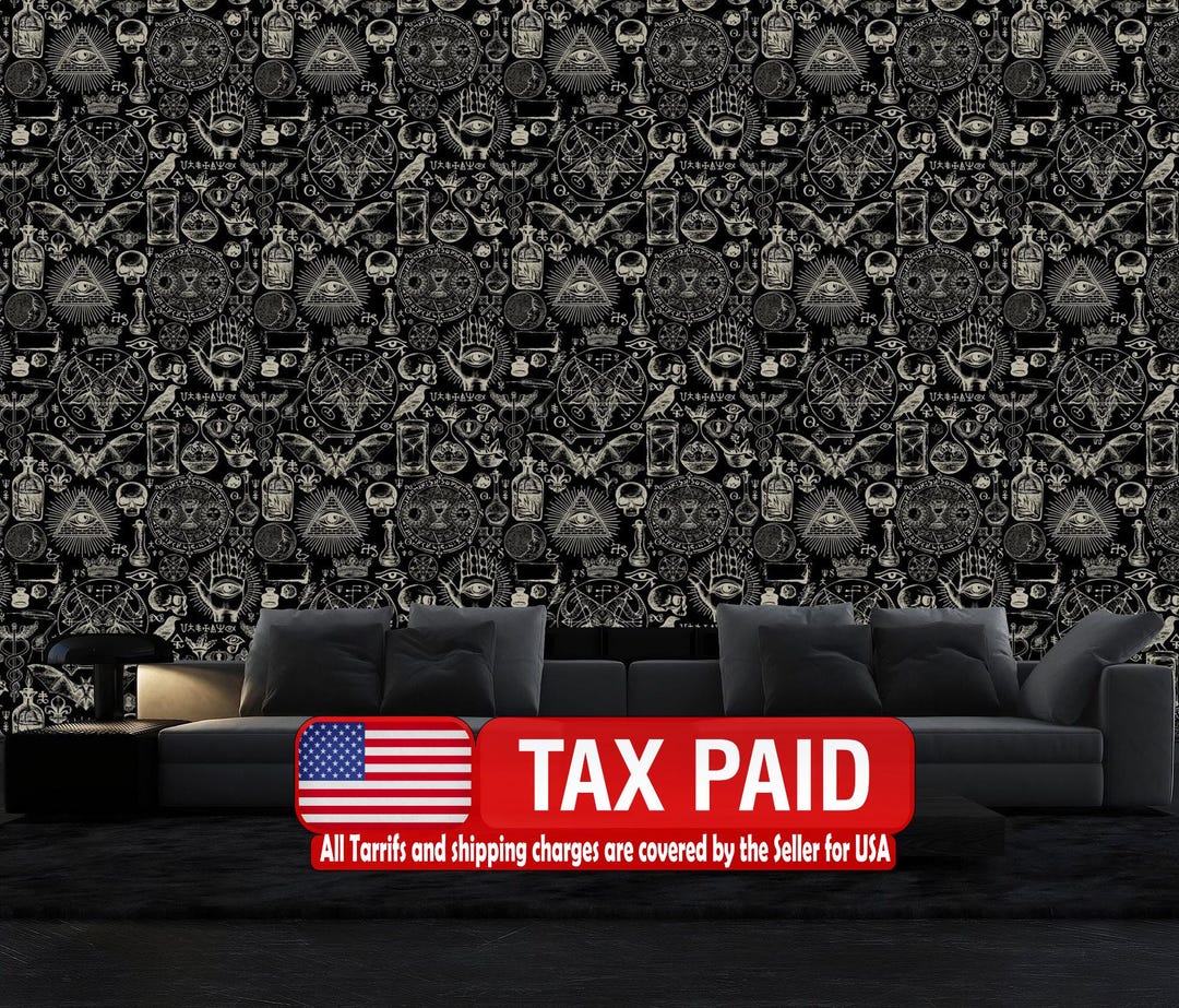 Alchemy Gothic Wallpaper Mural: Skulls, Bats, Moons Peel and Stick ...