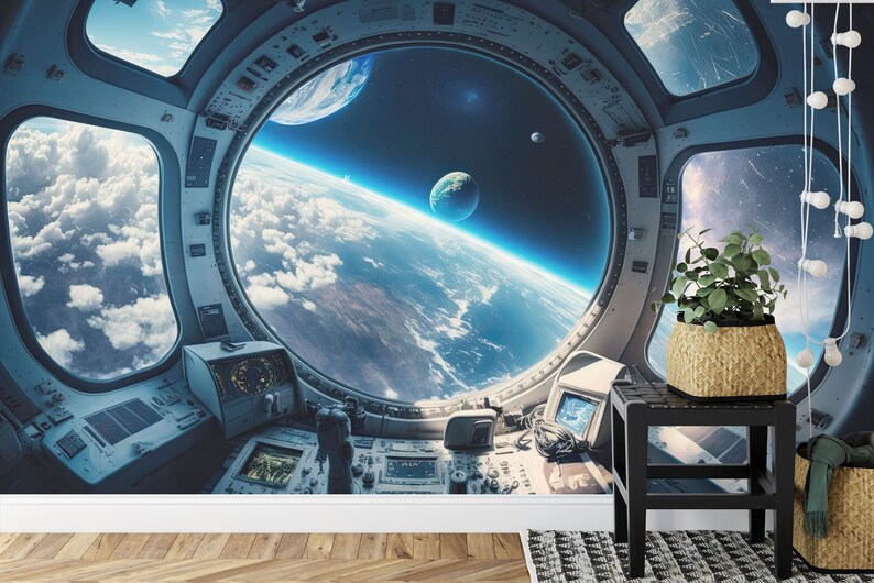 Wallpaper, 3D Spaceship Window Earth View, Peel and Stick Wall Mural - Etsy