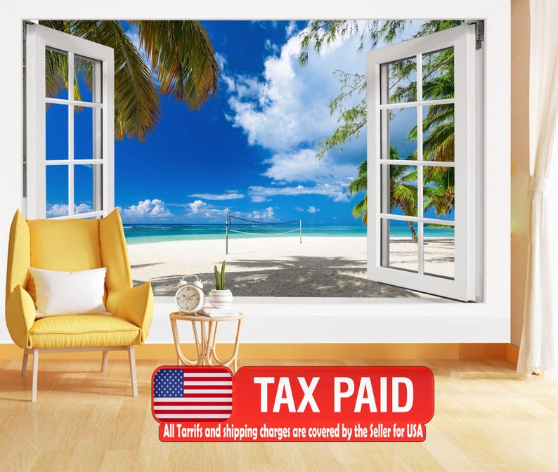 3D Sea View Window Wall Mural, Tropical Beach Wallpaper, Peel and Stick ...
