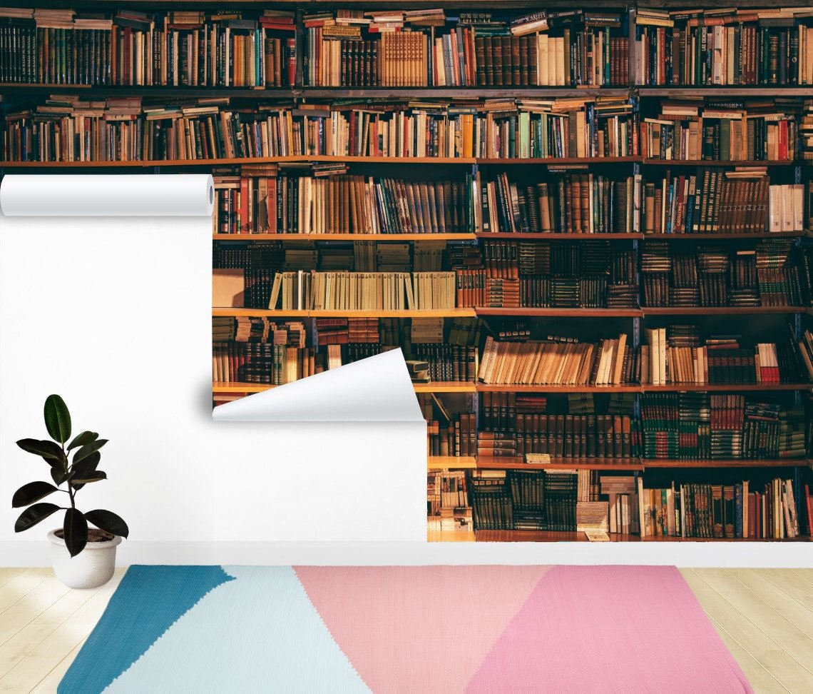 Vintage Book Wooden Shelf Library, Gift, Art Print Photomural Wallpaper ...