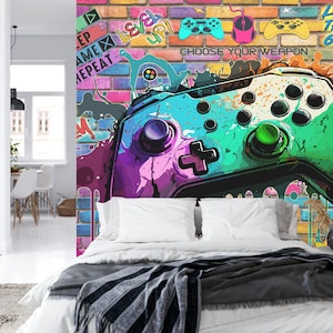 Gaming Room Wallpaper Mural, Graffiti Art Print, Peel and Stick Decal ...