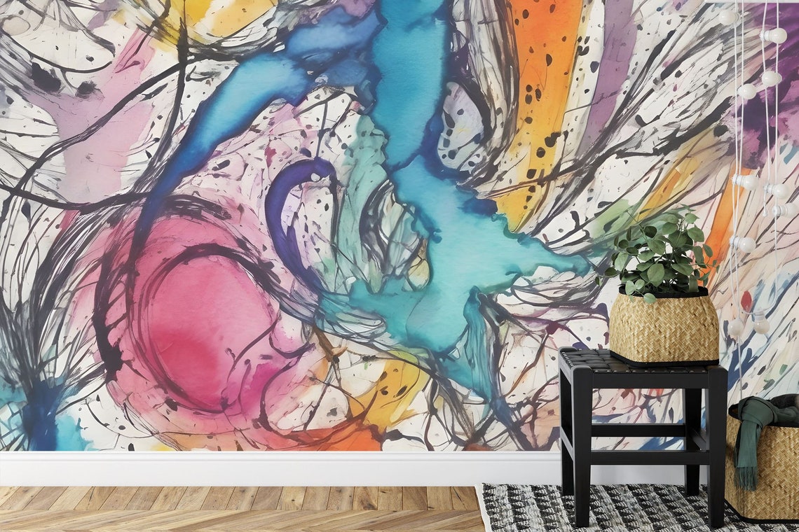 Abstract Watercolor Splatter Wallpaper Mural, Easy Install Peel and ...