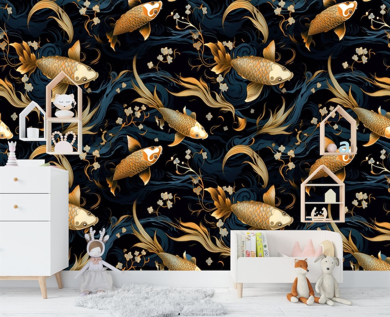 Golden Koi Fish Wallpaper Mural, Peel and Stick - Etsy