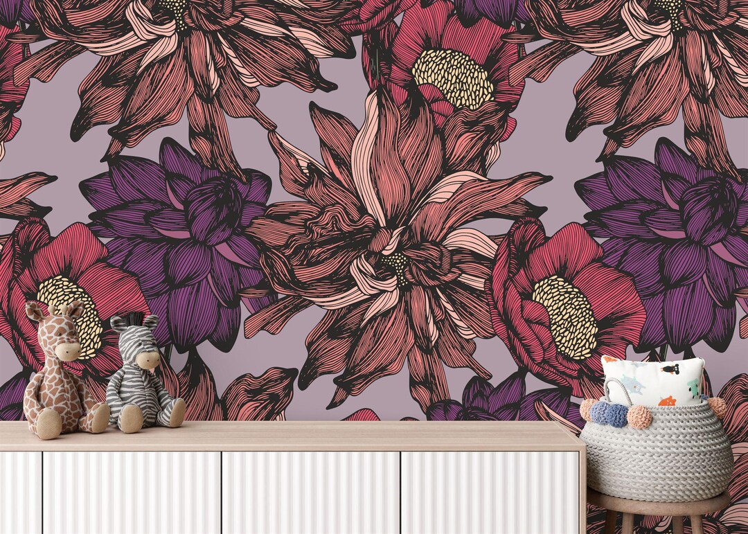 Floral Photomural Wallpaper, Hand-drawing Flower Pattern, Peel and ...