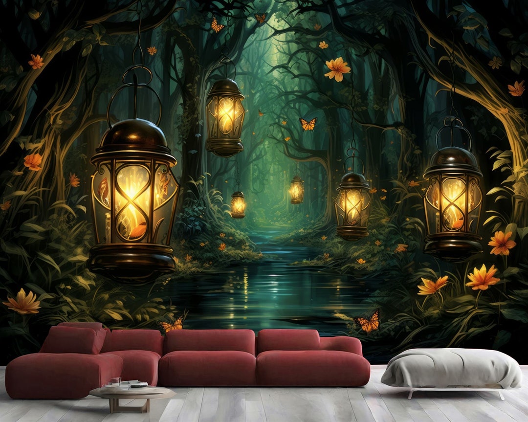 Firefly Lanterns Wallpaper Mural, Enchanted Forest Wall Decal, Peel and ...