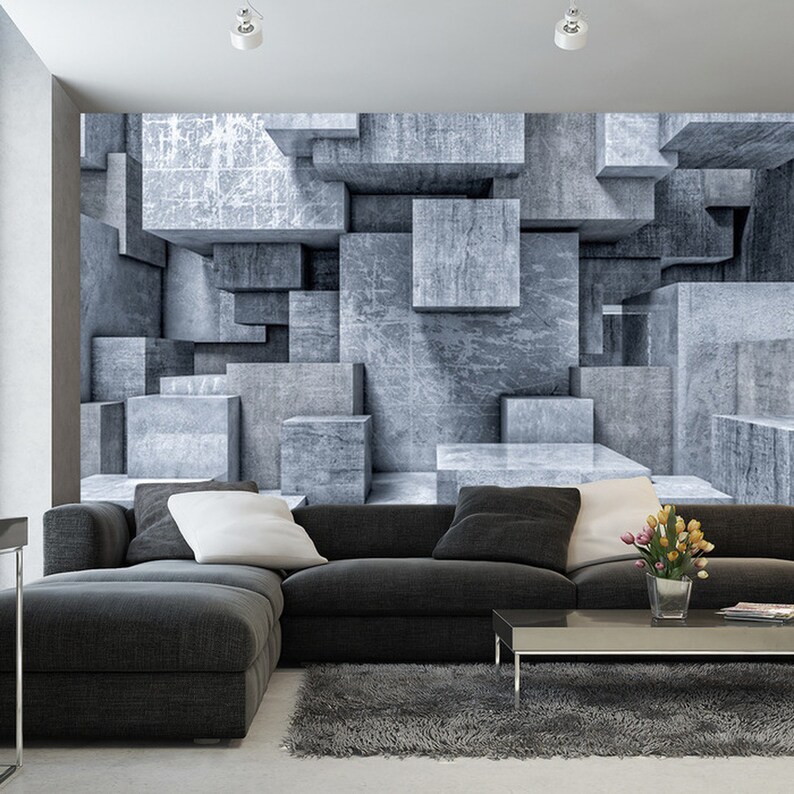 Geometric 3D Concrete Cube Room Design Art Print Photomural Wallpaper ...