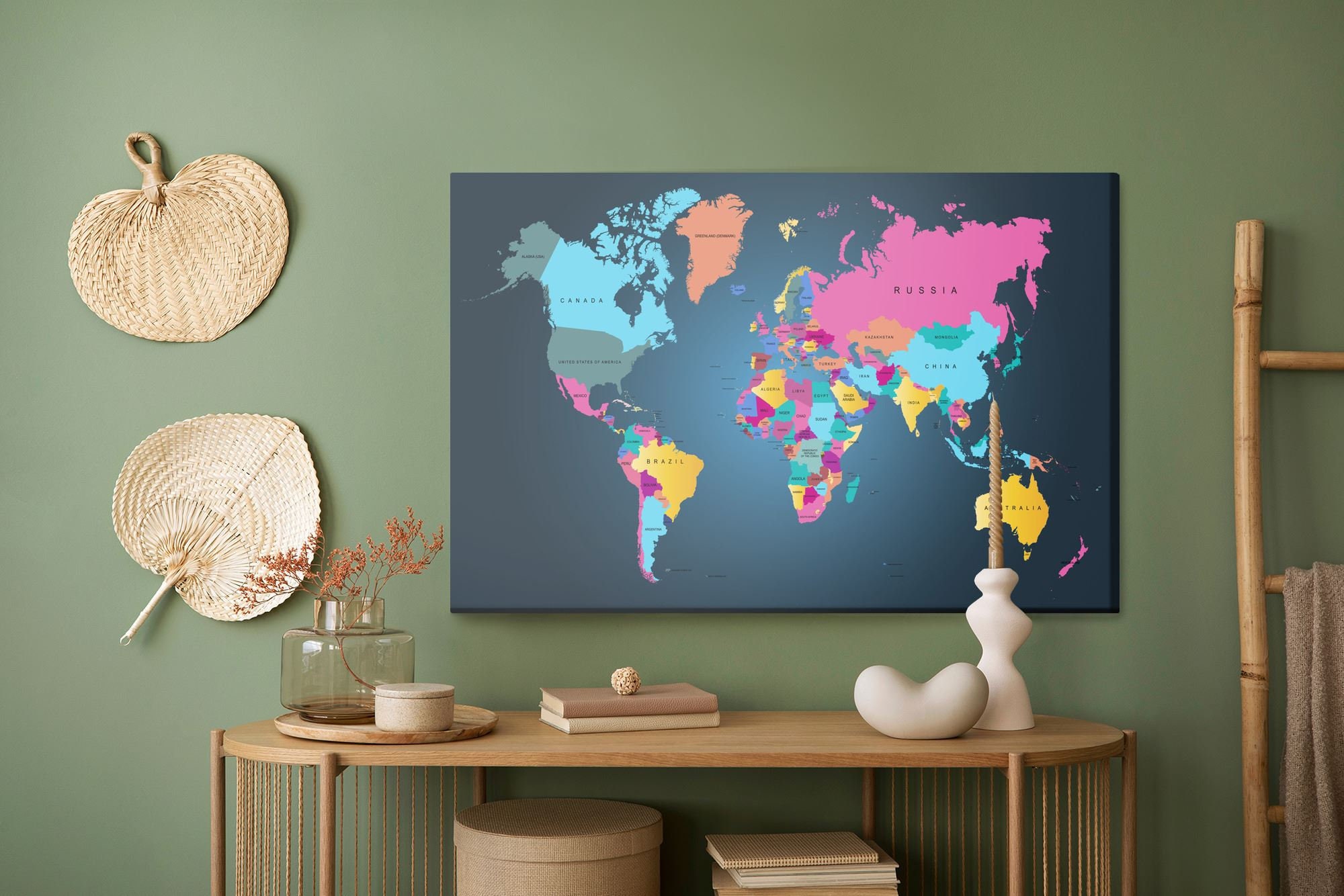 World Map Countries Colorful Educational Home Decor Natural - Etsy
